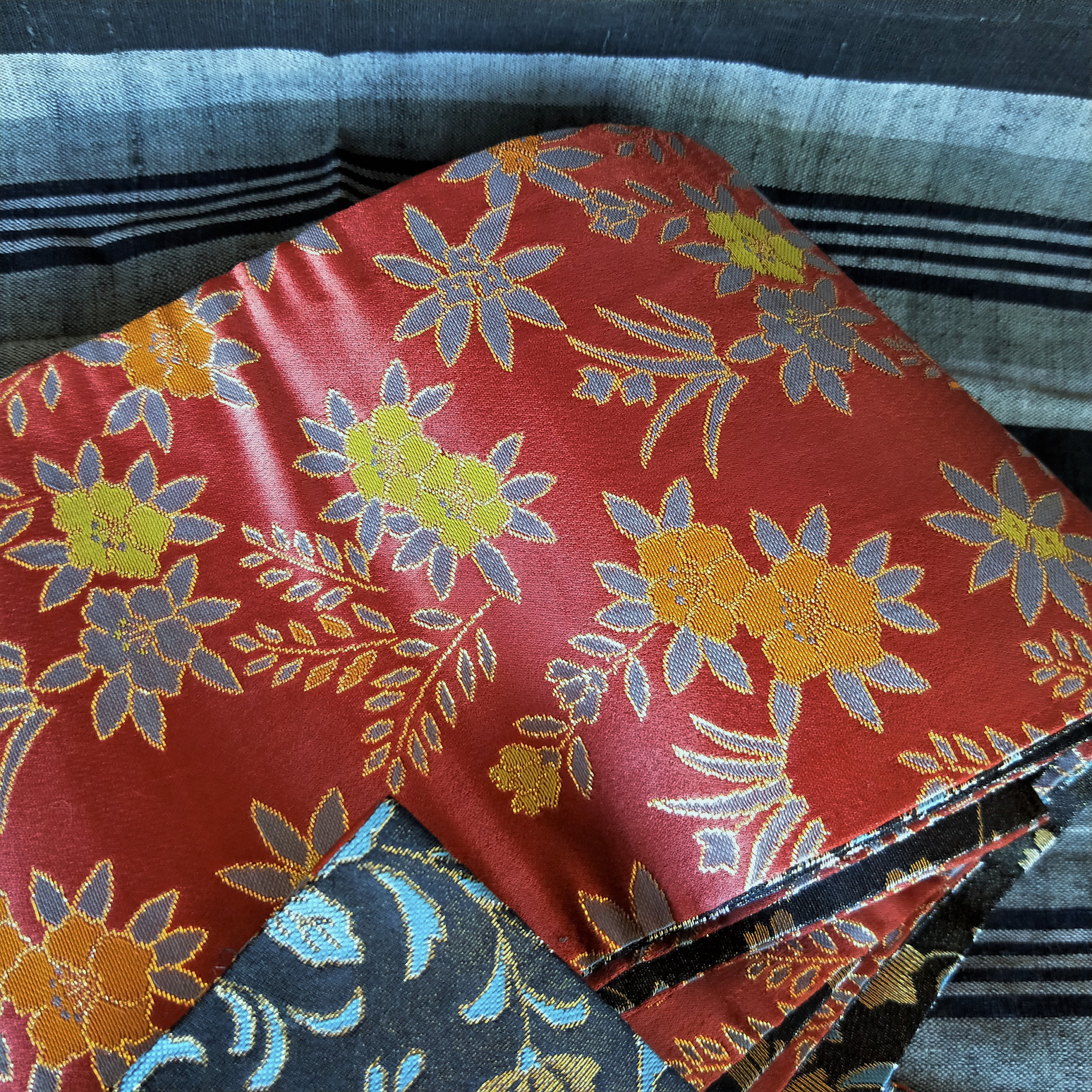 Vintage Japanese Hanhaba (half-width obi) camellia flowers with brick ...
