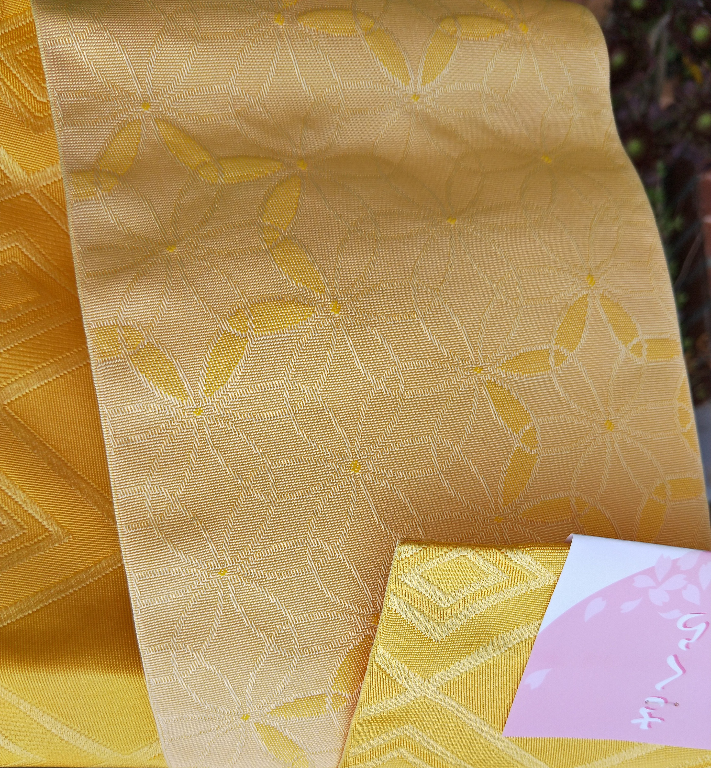 Hanhaba (half-width obi) obi golden yellow with Hishi pattern of ...