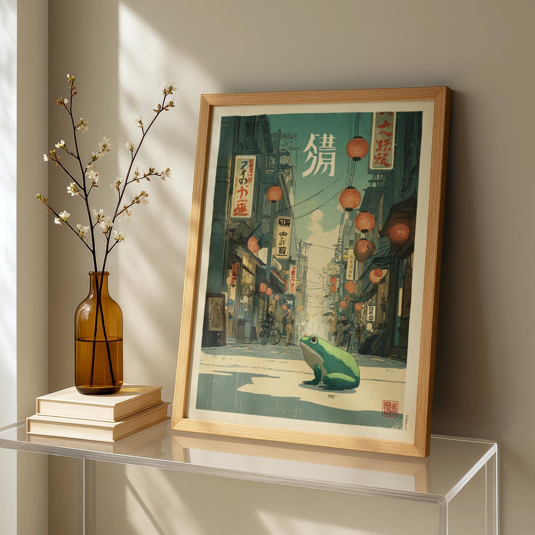 Vintage Japanese Frog Perspective Poster, Showa Era Urban Wall Art ...