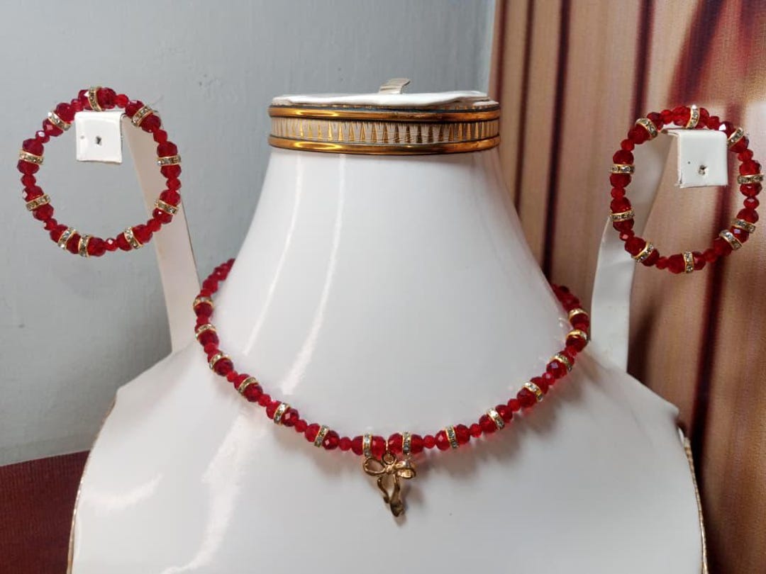 Ruby Red Crystal Bow Necklace Set • 3pc Coquette Jewelry • Gold Beaded ...
