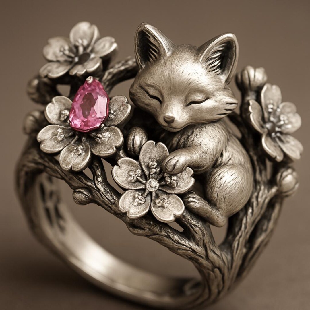Sterling Silver Fox Ring With Cherry Blossoms & Pink Stone | Cute ...
