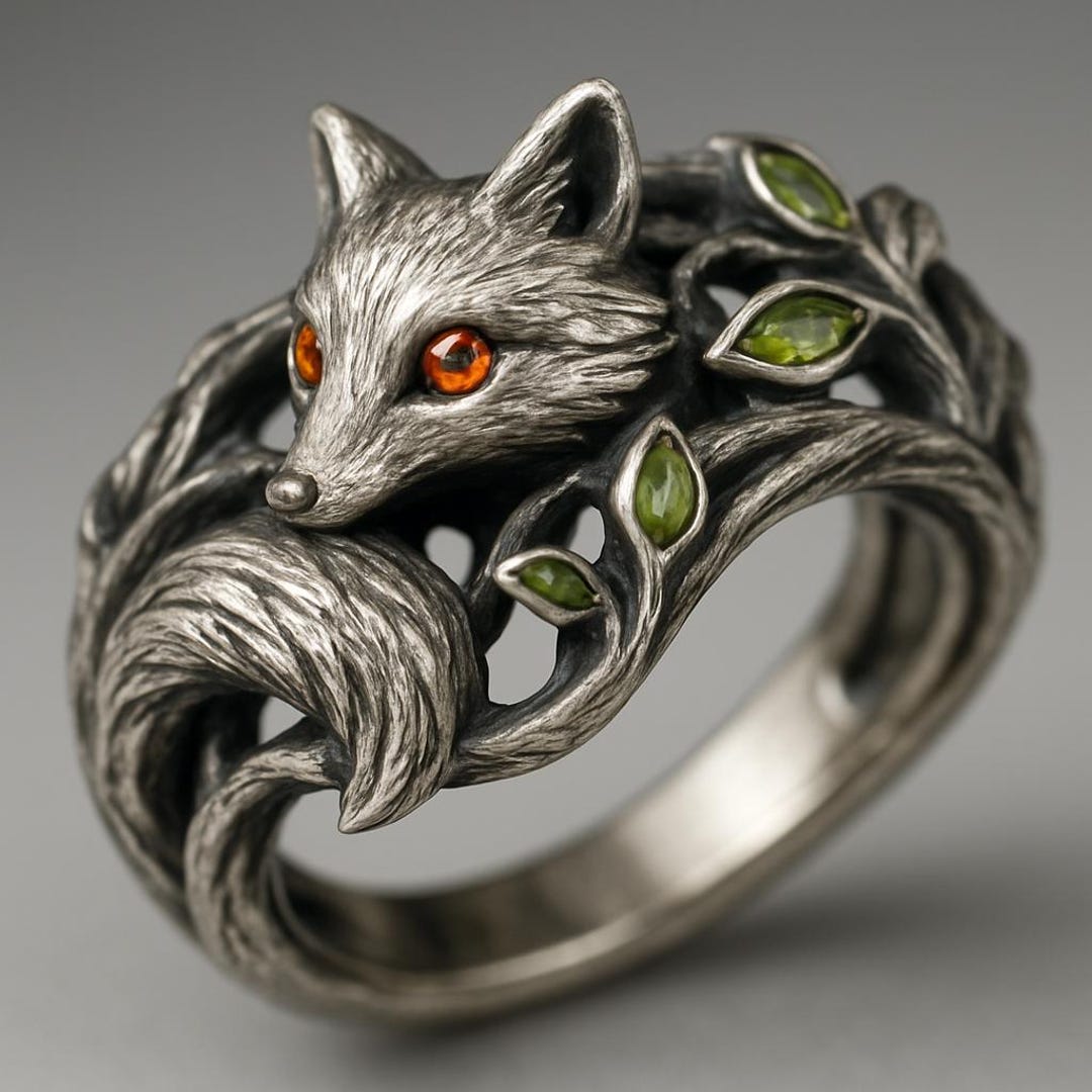 Sterling Silver Fox Ring With Ivy Vines & Green Leaf Gems | Woodland ...