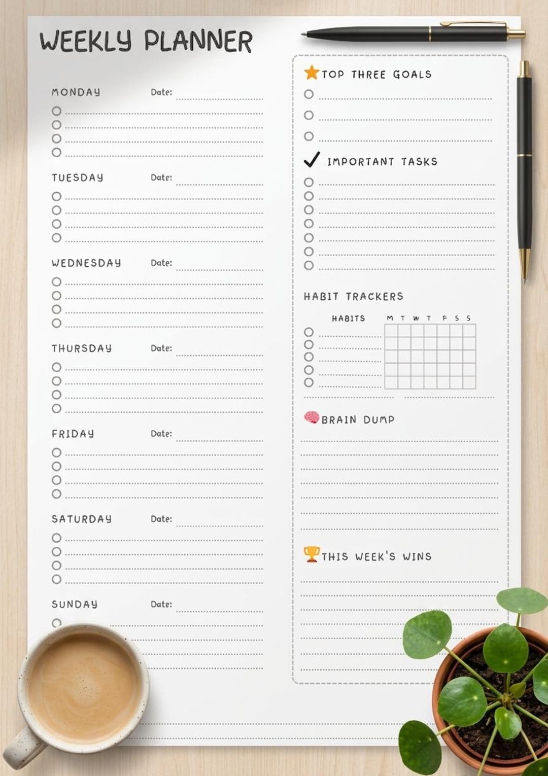 Minimalist Weekly Planner Printable PDF, Undated Weekly Planner 2026 ...
