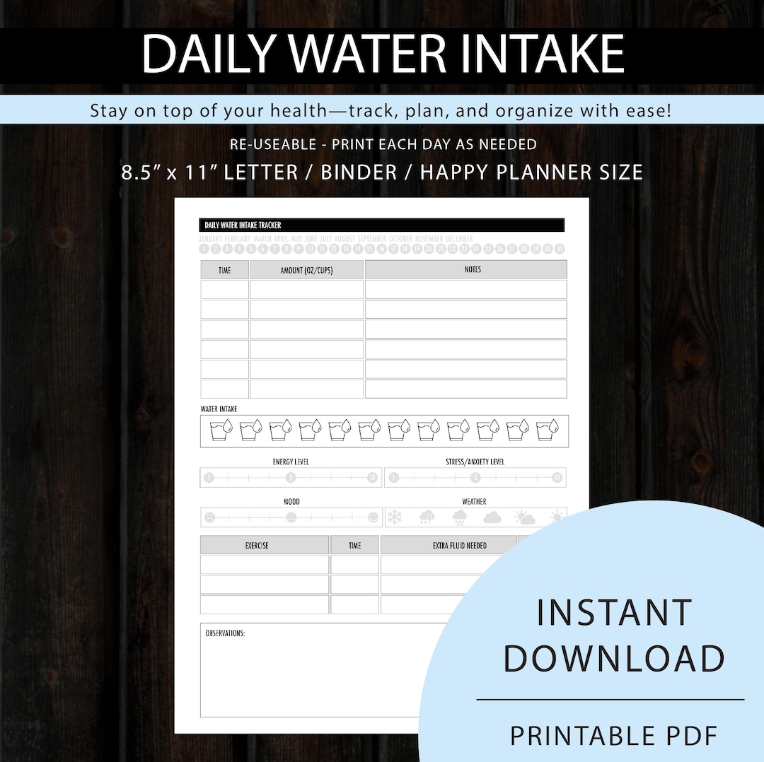 Daily Water Intake Tracker Printable | Hydration Log PDF | Water ...
