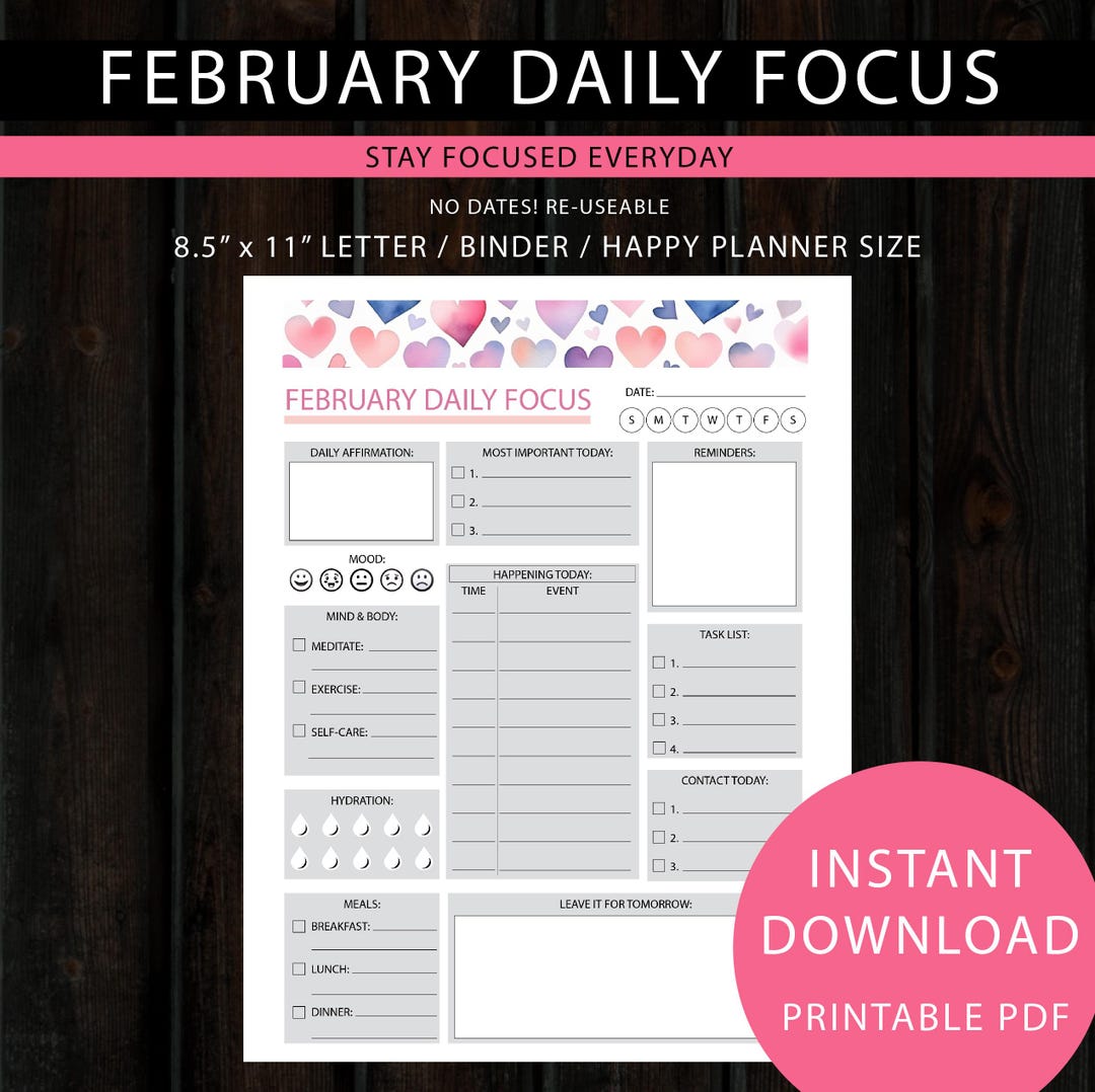 February Daily Focus Planner | Printable PDF | Digital Download - Etsy