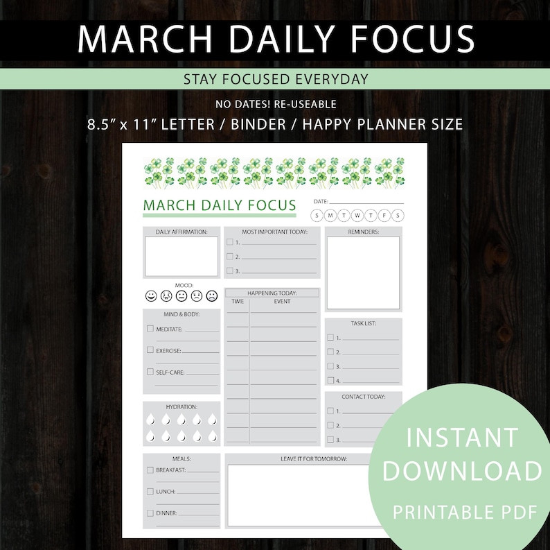 March Daily Focus Planner | Printable PDF | Digital Download - Etsy