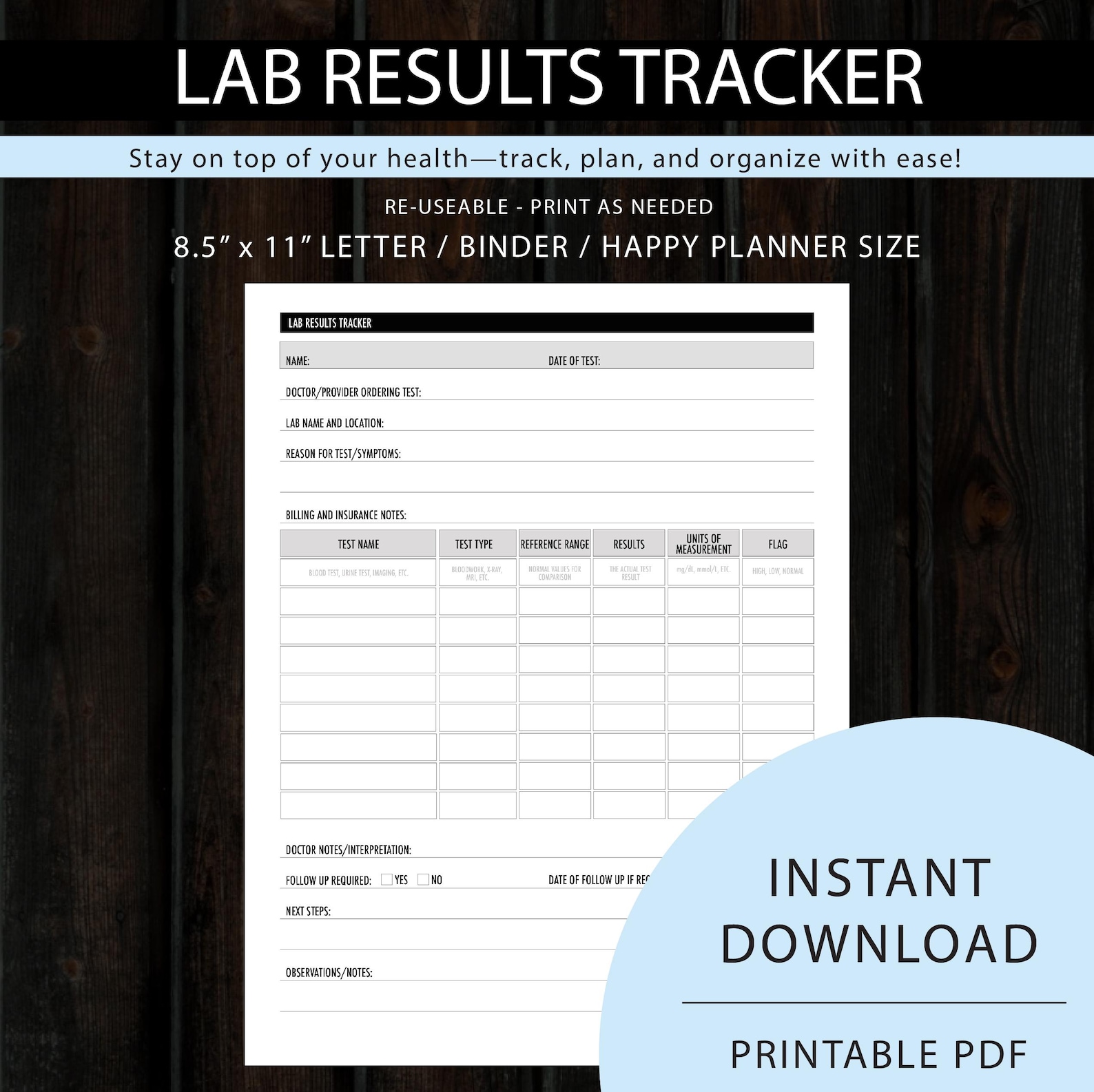 Lab Test Results Tracker Printable | Medical Record Log | Health ...