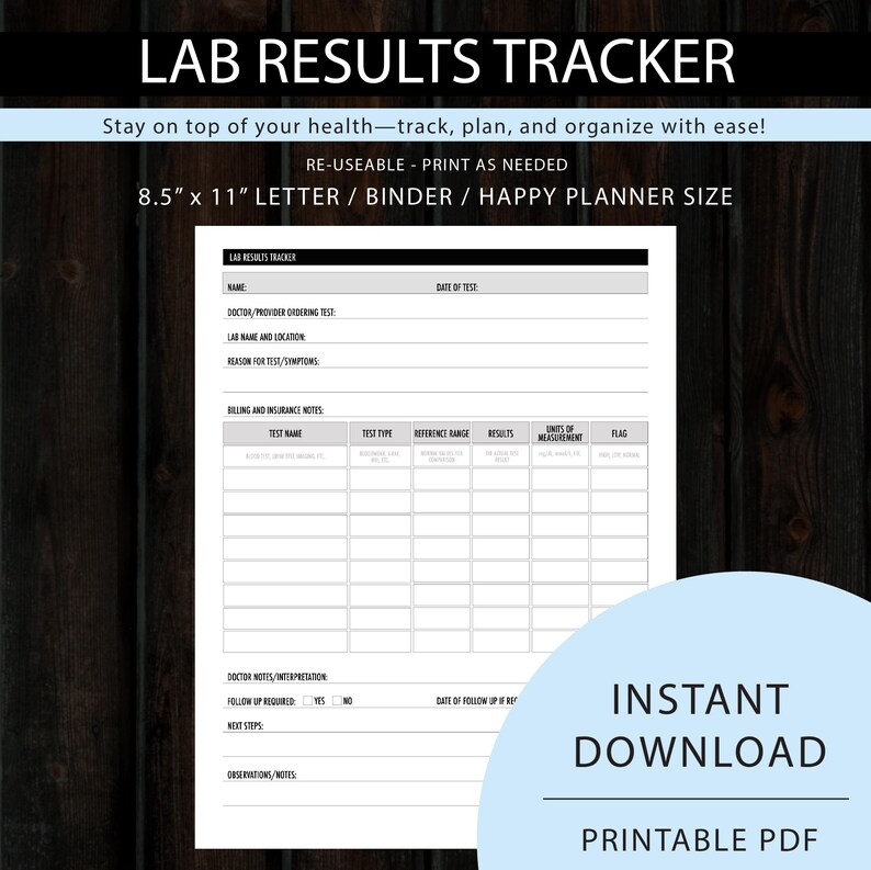 Lab Test Results Tracker Printable | Medical Record Log | Health ...