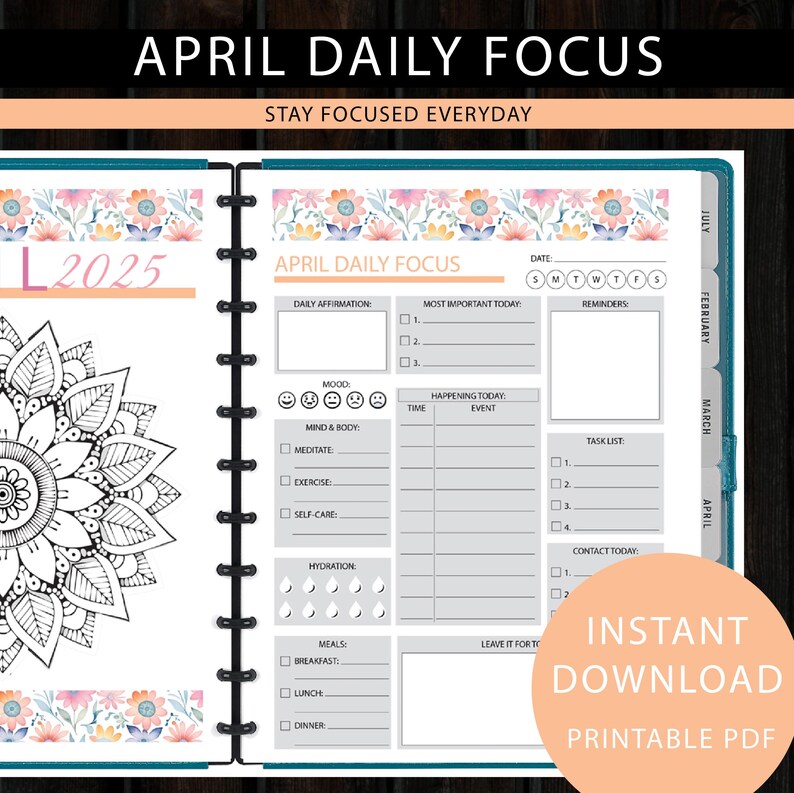 April Daily Focus Planner | Printable PDF | Digital Download - Etsy