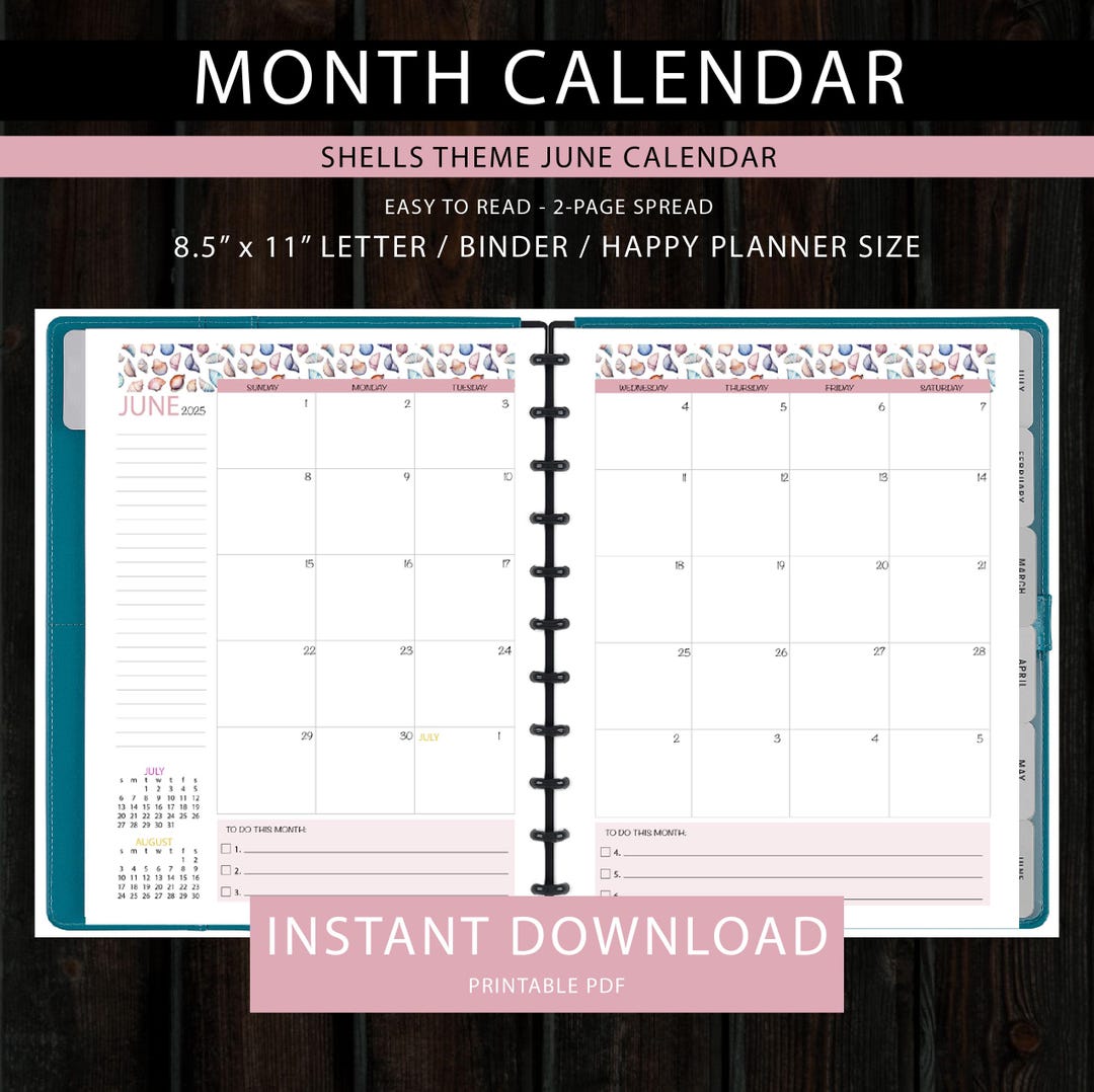 2025 June Shell-themed Calendar | Printable Planner Inserts | PDF ...