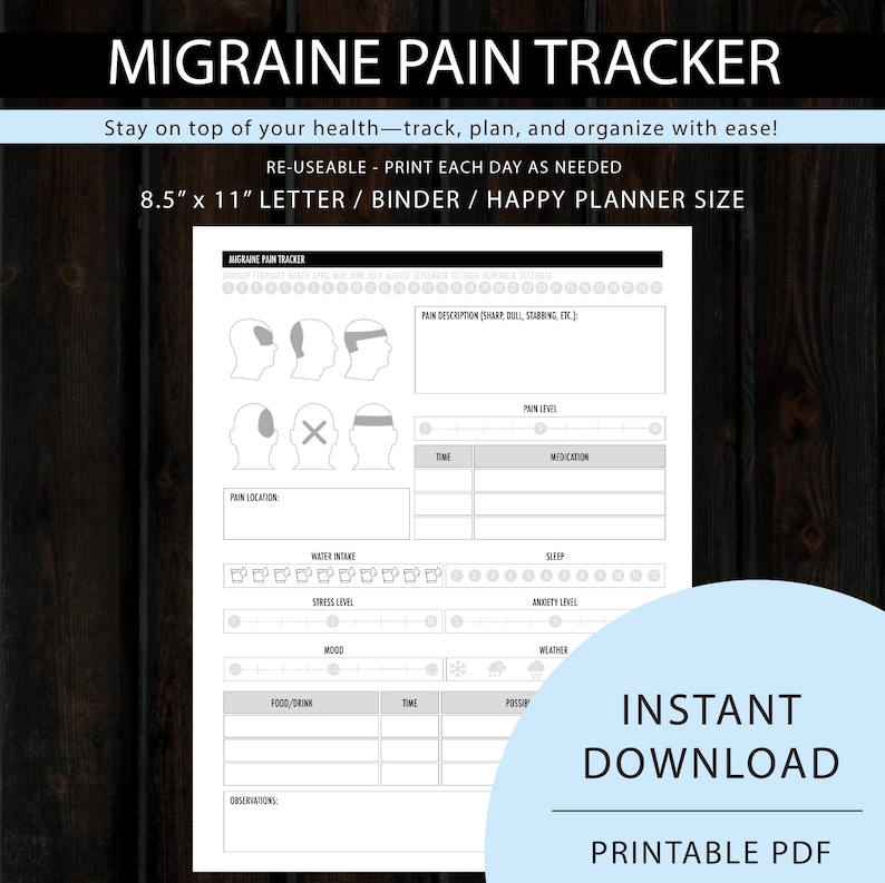 Printable Migraine Tracker | Daily Headache Log PDF | Pain & Symptom ...