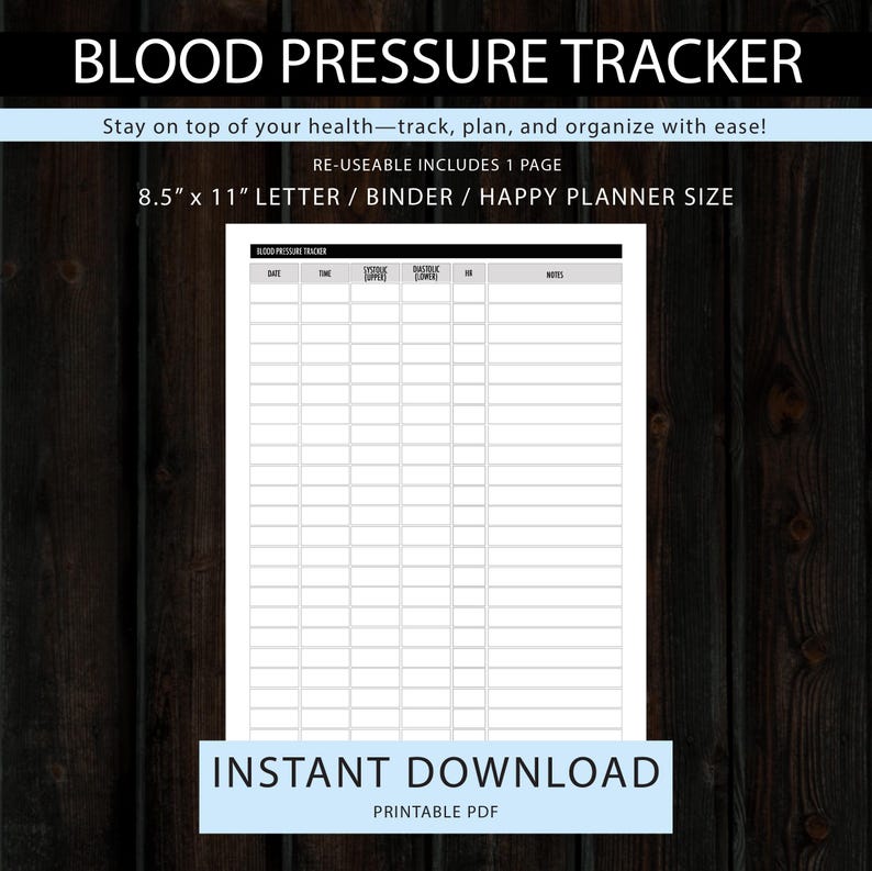 Blood Pressure Tracker Printable | One Page Blood Pressure Log | BP ...