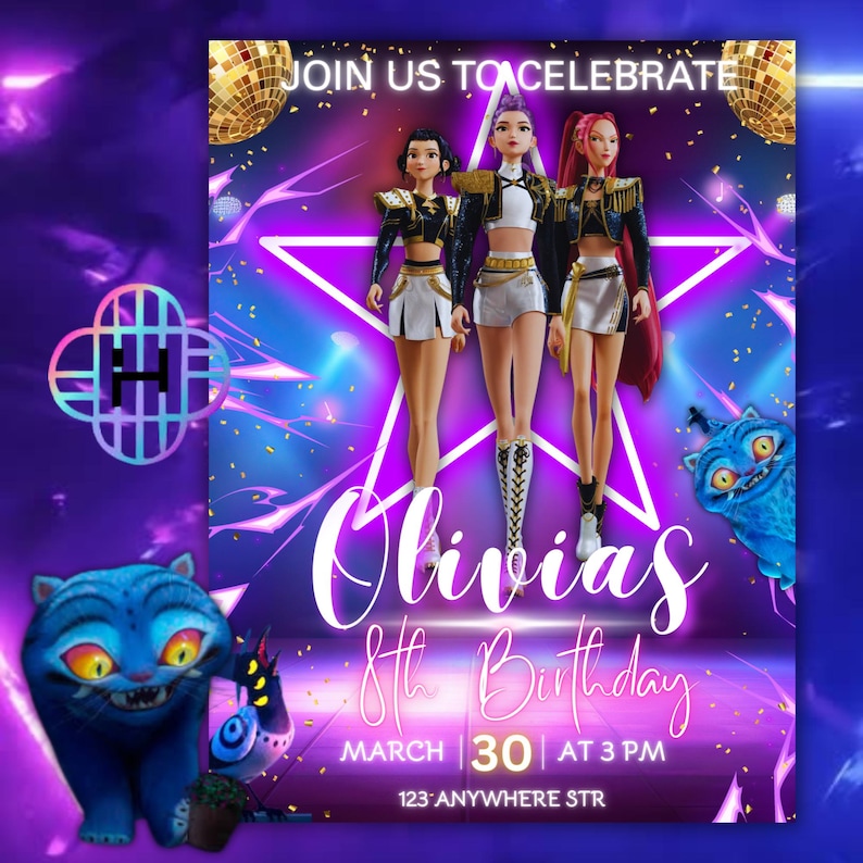 Kpop Demon Hunters Birthday Invitation, Huntrix Birthday Invite ...