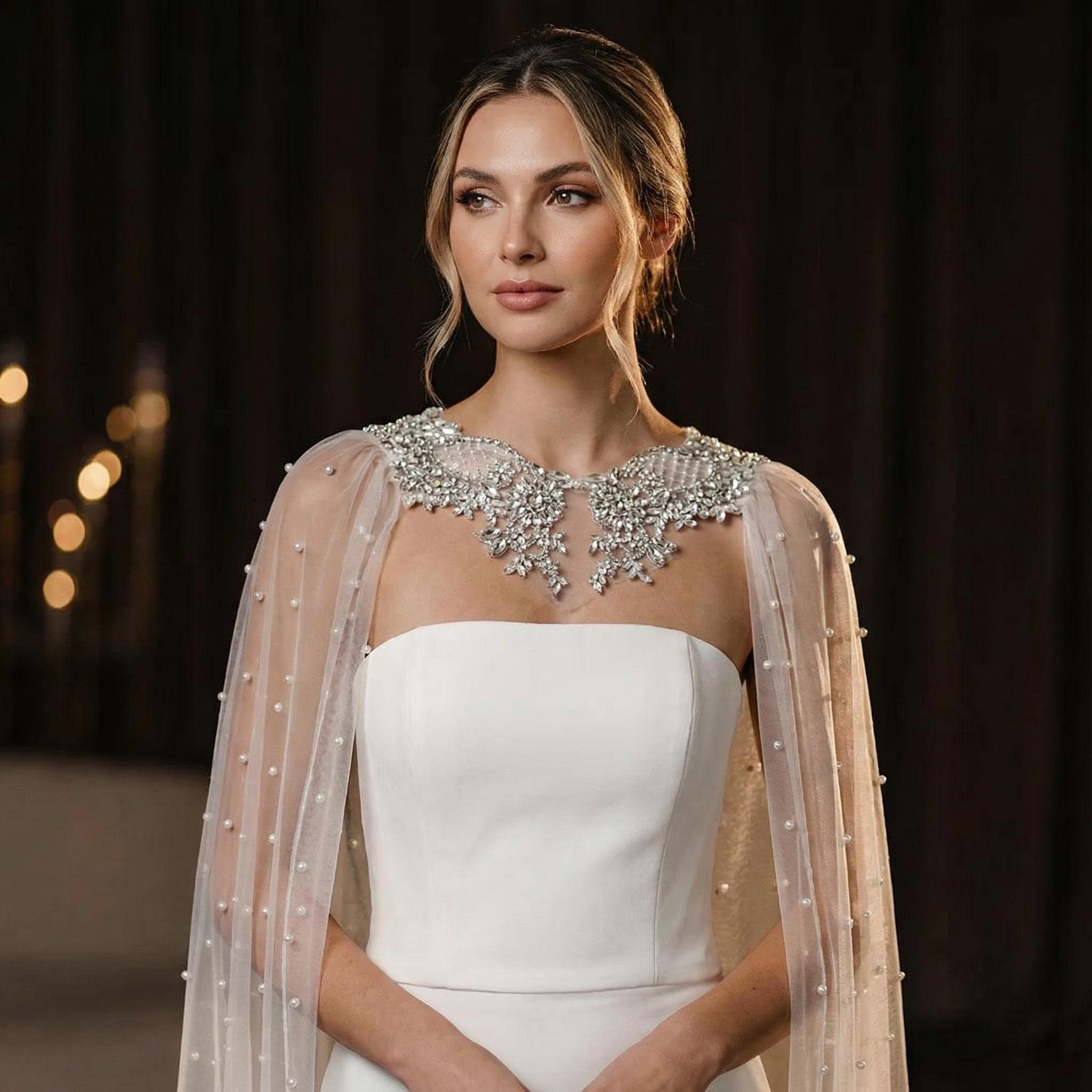 Pearl Bridal Cape – Beaded Wedding Shoulder Cover, Sheer Tulle Bridal ...