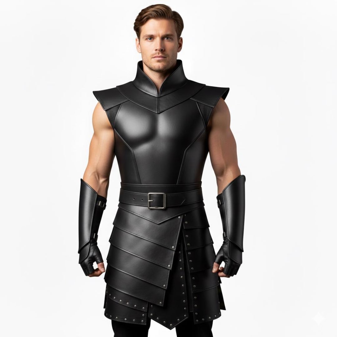 Men’s Black Leather Gladiator Armor Vest With Belt and Bracers ...