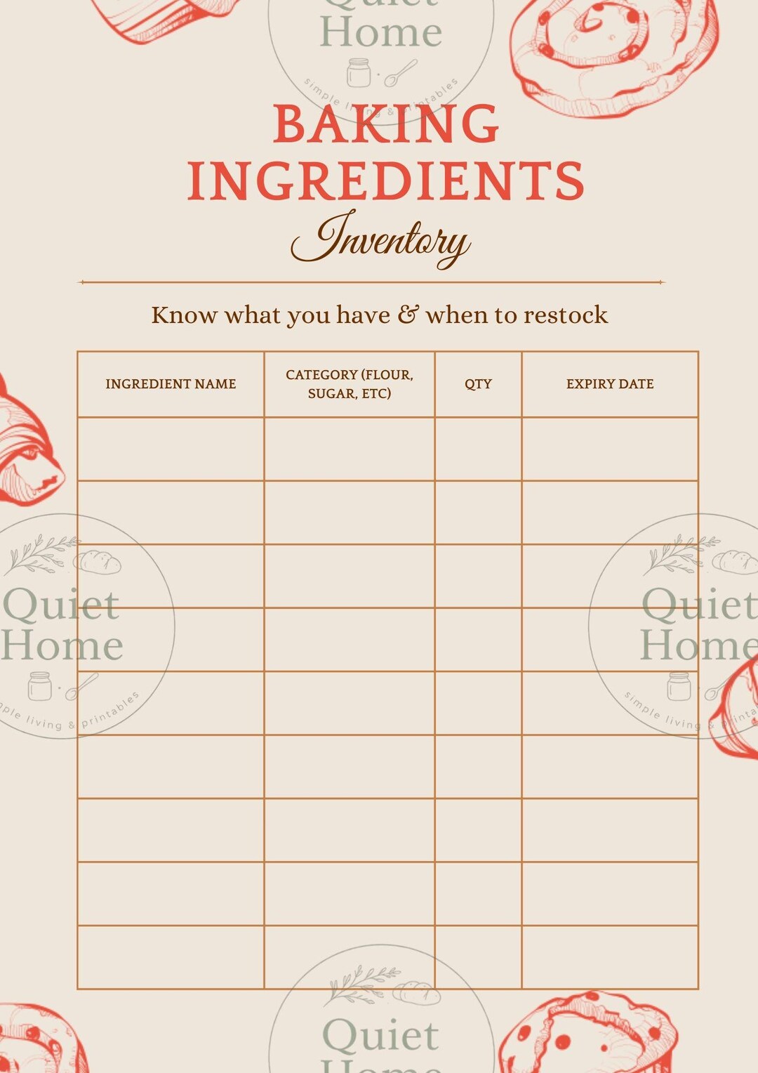 Baking Ingredients Inventory Printable | Pantry & Baking Supply Tracker ...