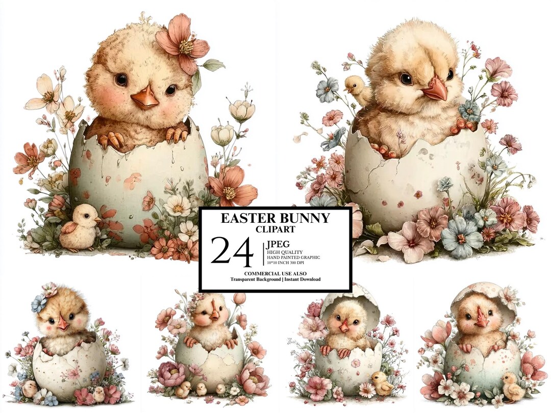 Easter Chick Clipart, Watercolor Baby Chick Hatching PNG, Spring Flower ...