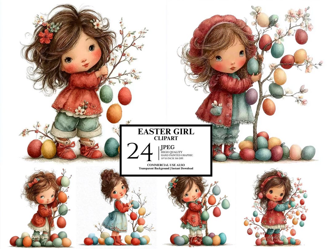 Easter Girl Clipart Bundle, Watercolor Little Girl PNG, Vintage Spring ...