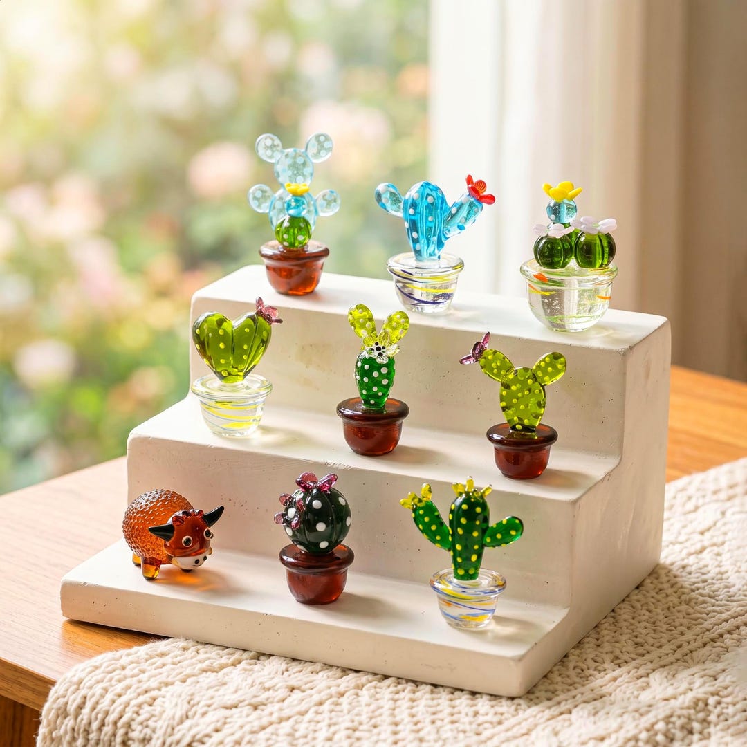 Miniature Glass Cactus Figurine,hand Blown Mini Glass Cactus Figurine ...