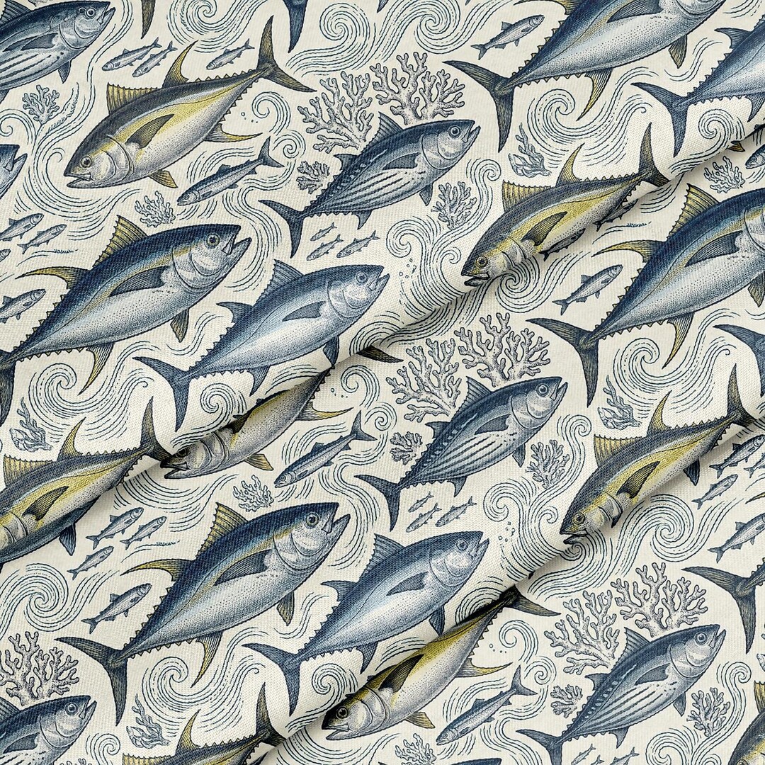 Vintage Tuna Fish Pattern, Fabric by the Yard, 58 In