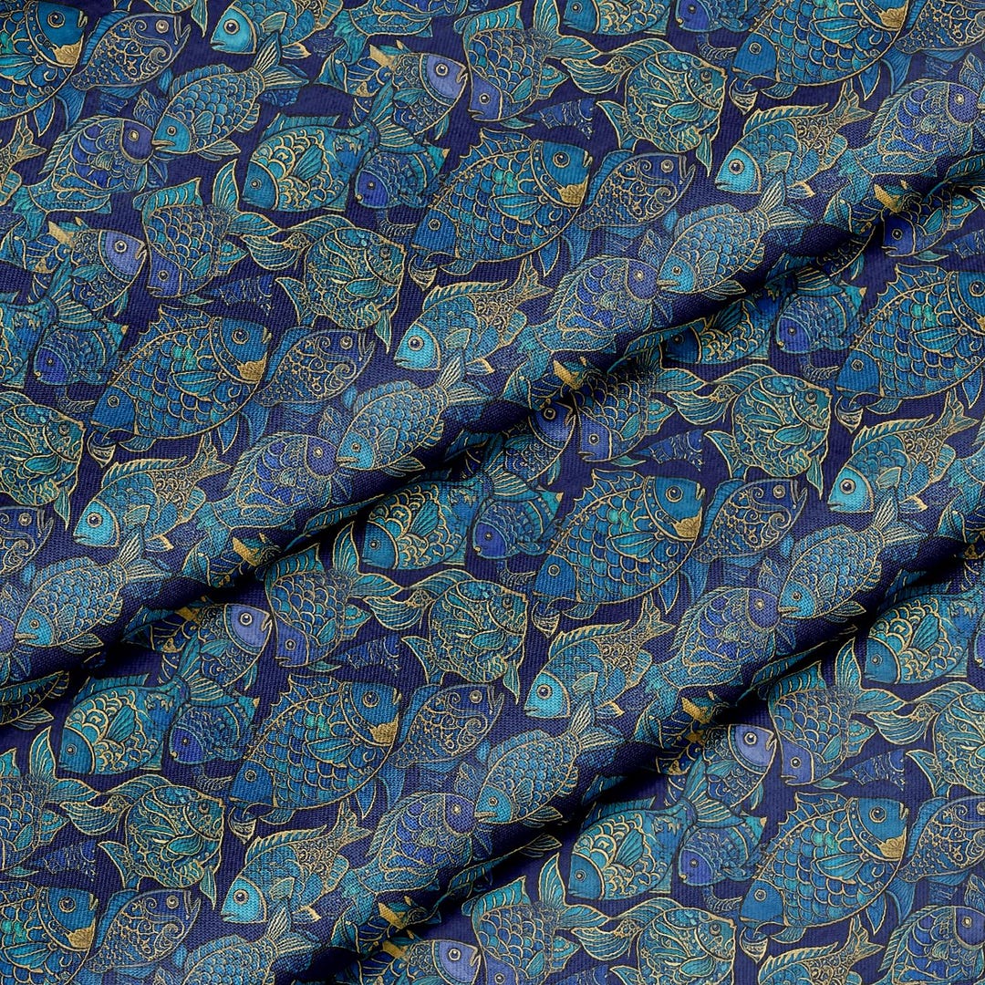 Blue Gold Fish Pattern, Fabric by the Yard, 58 In