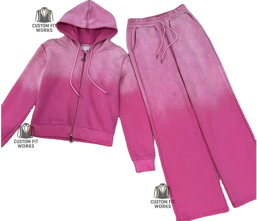 Pink Ombre Rhinestone Tracksuit Set, Women’s Hoodie & Jogger Sweatpants ...