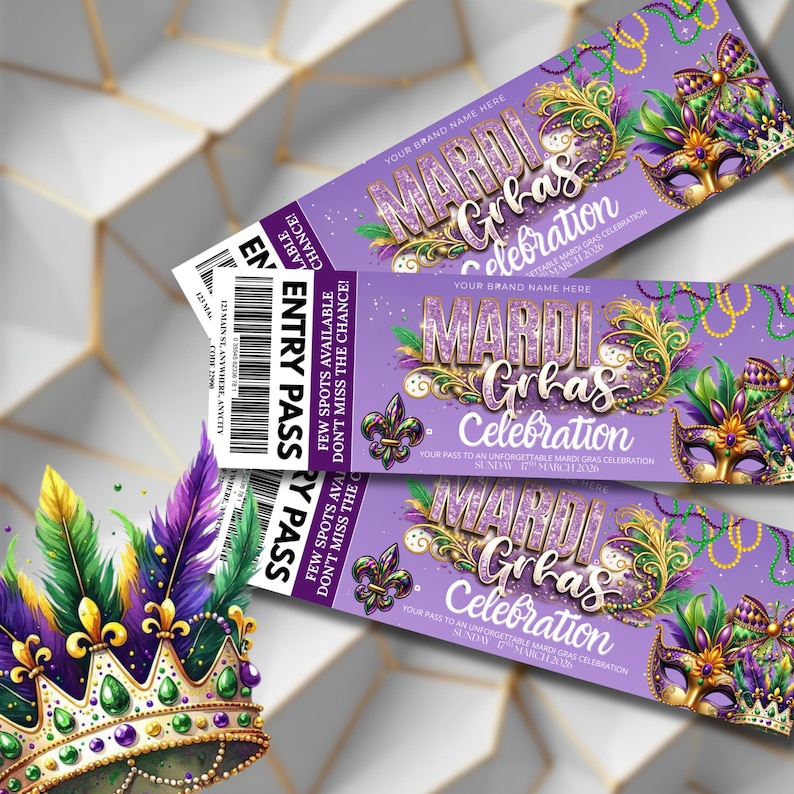 Mardi Gras Ticket Invitation Template, Masquerade Event (digital ...