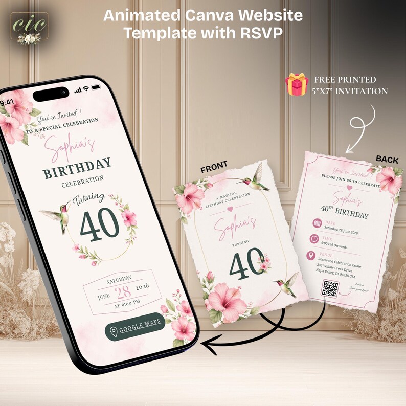 Pink Floral Hummingbird Birthday Website Invitation, Animated Canva ...