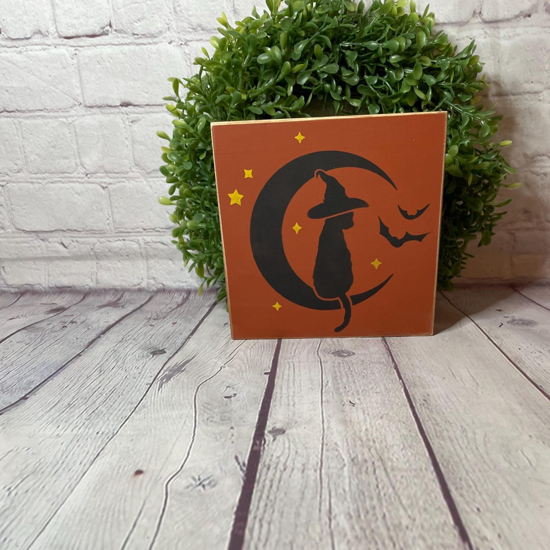 Black Cat Moon Halloween Sign, Tiered Tray Decor, Shelf Sitter Block ...