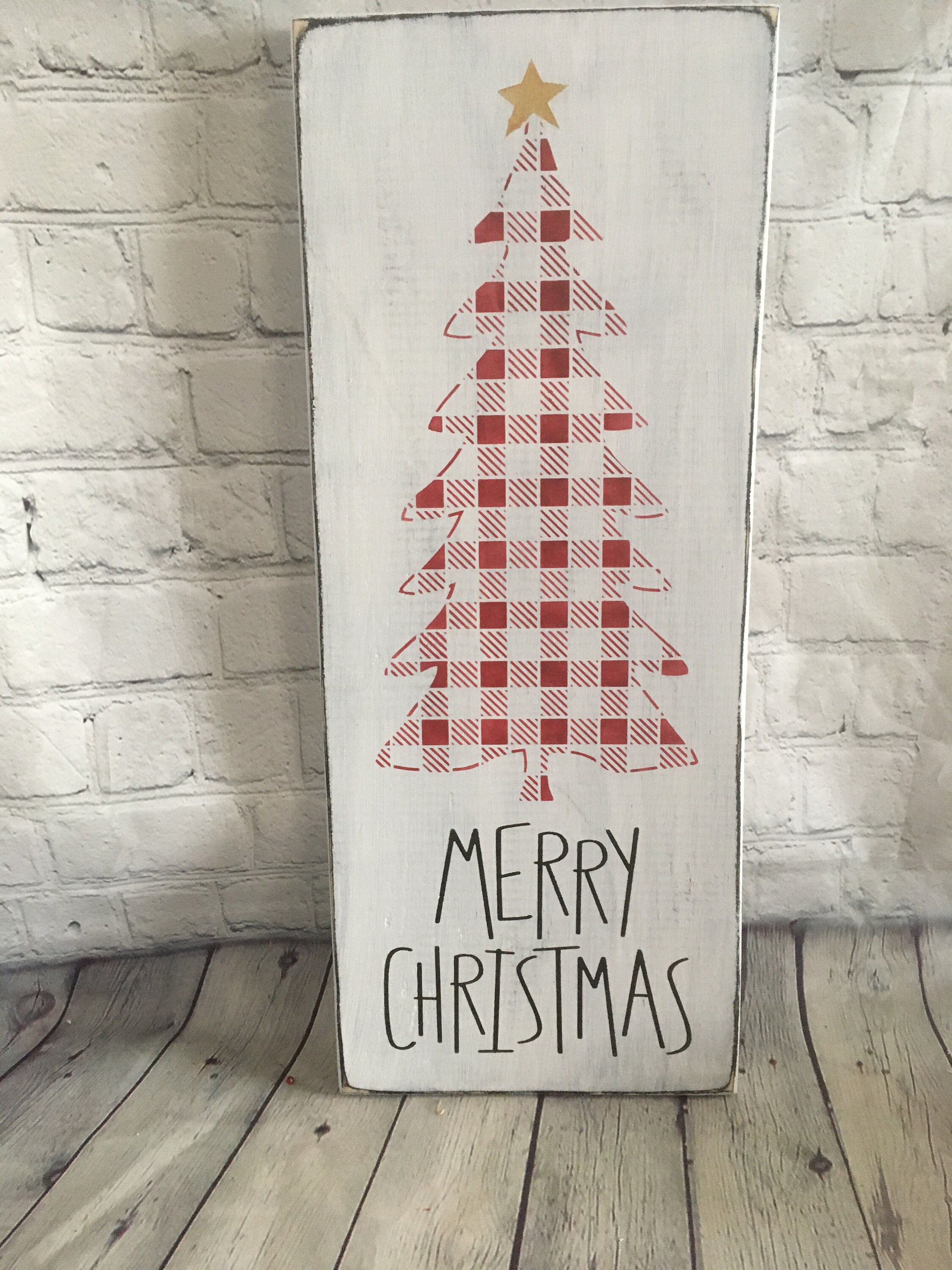 Merry Christmas Wood Sign, Buffalo Plaid Tree, Farmhouse Style, Home ...