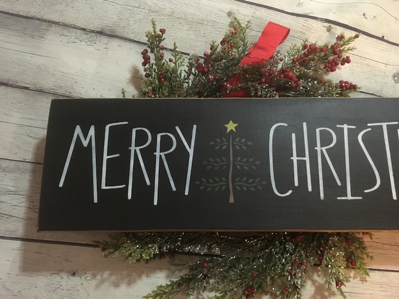 Merry Christmas Wood Sign, Primitive Tree, Feather Tree, Home Decor ...