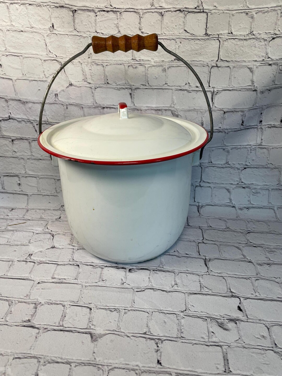 Vintage White Red Enamelware Chamber Pot Farmhouse Primitives - Etsy