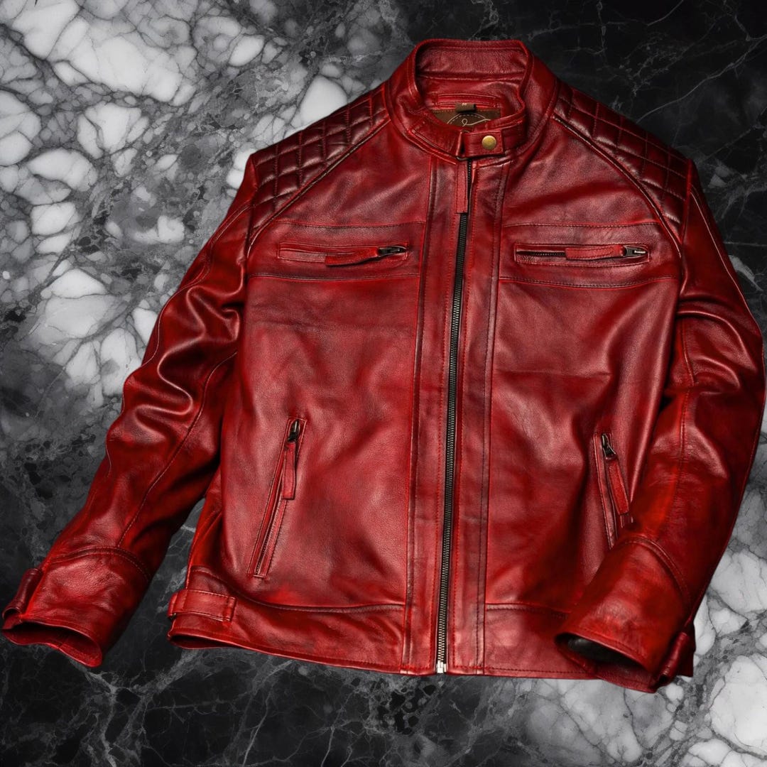 Vintage-inspired Red Burnished Leather Jacket – Premium Quilted ...