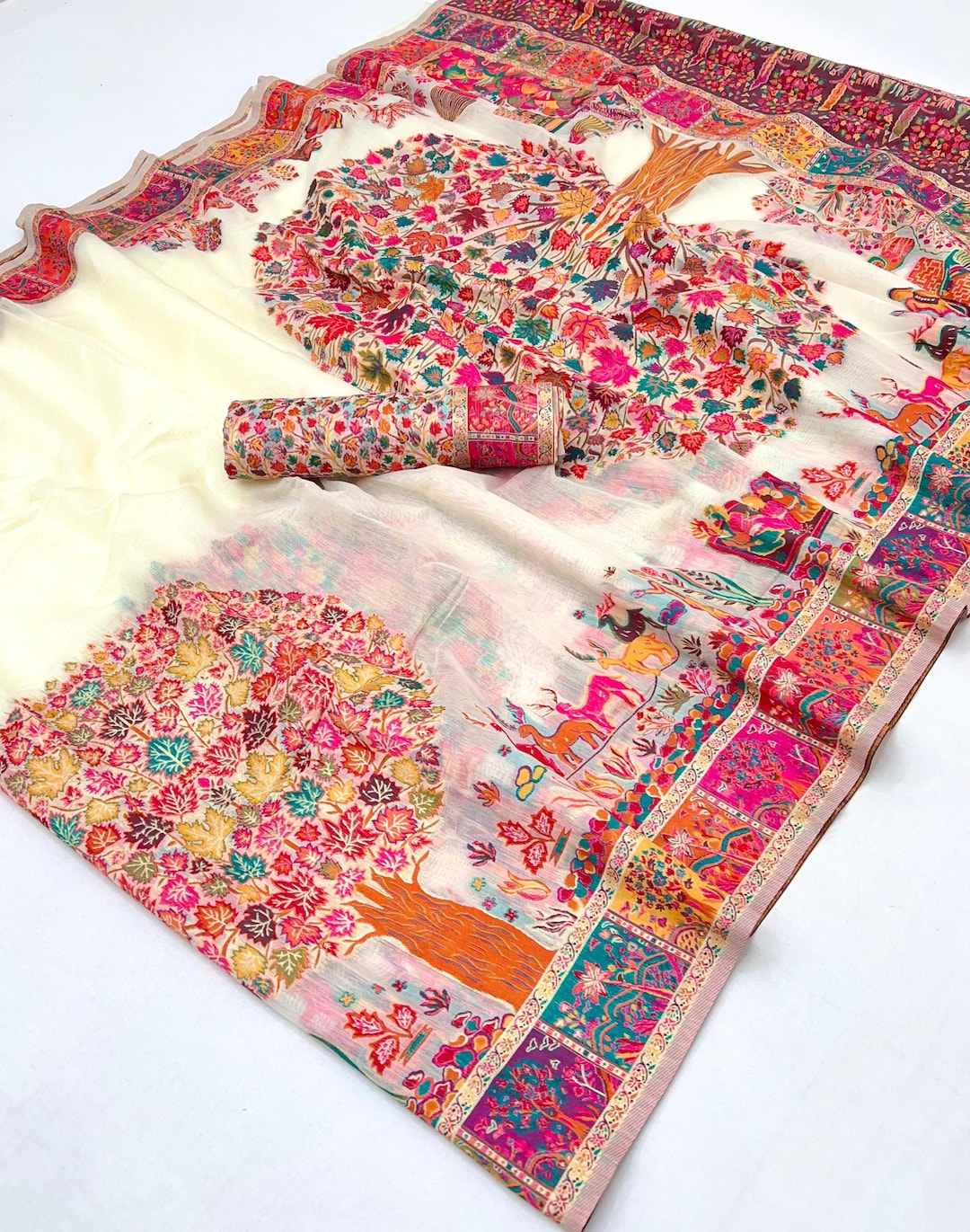 Handloom Jamawar Silk Saree | Kashmiri Weaving, Multi-color Threadwork ...
