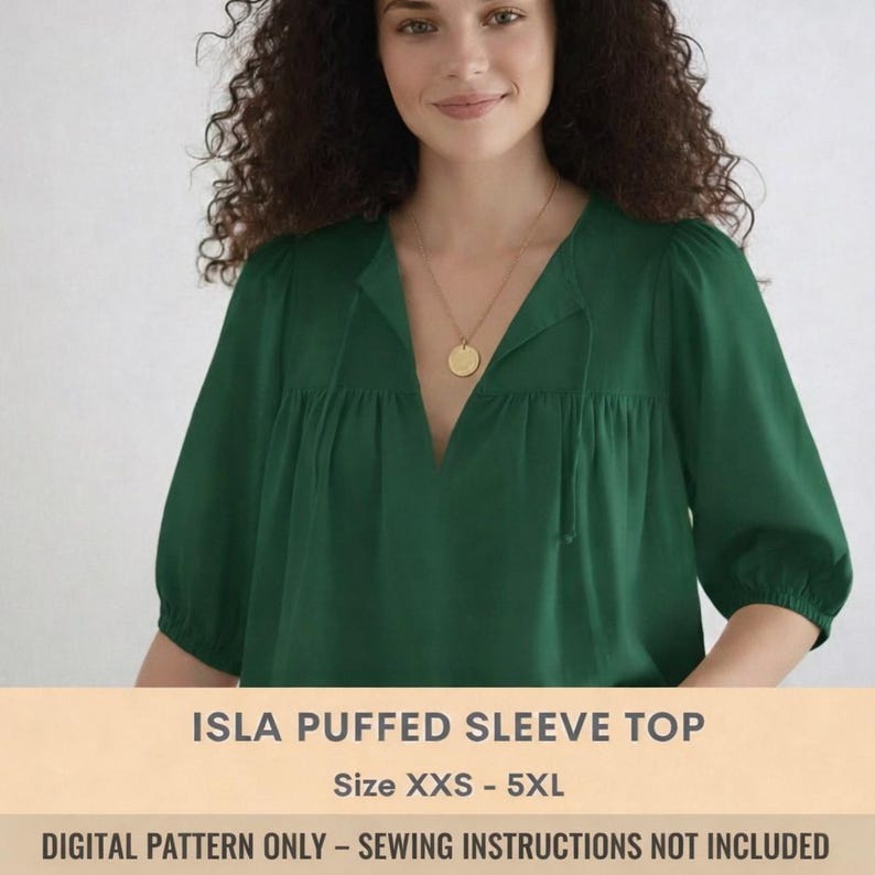 Isla Puff Sleeve Blouse Sewing Pattern, V-neck Tunic (A0 A4 Letter ...
