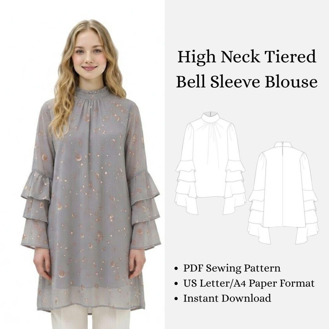 High Neck Tiered Bell Sleeve Blouse PDF Sewing Pattern (instant ...