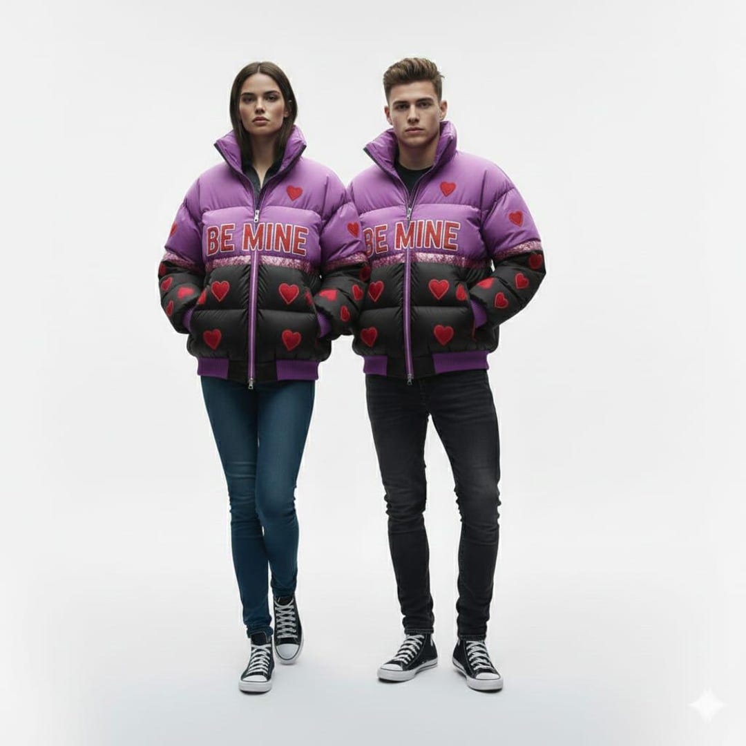 Women’s Valentine Puffer Jacket | Heart Sublimation + Embroidered ...