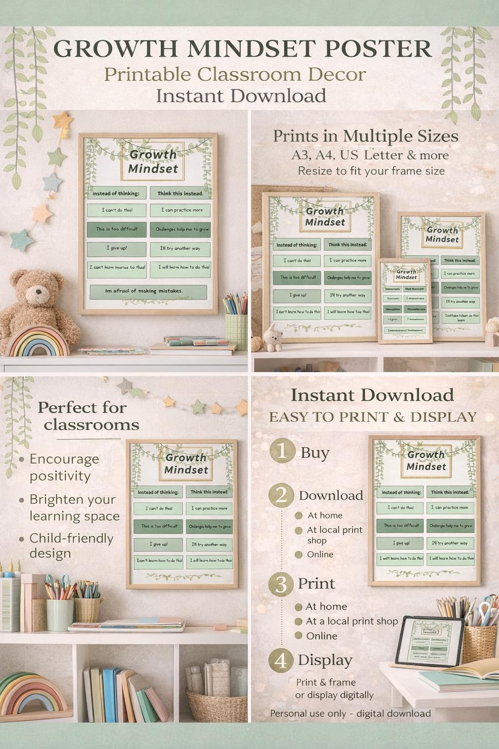Growth Mindset Poster | Classroom Growth Mindset Chart | Positive ...