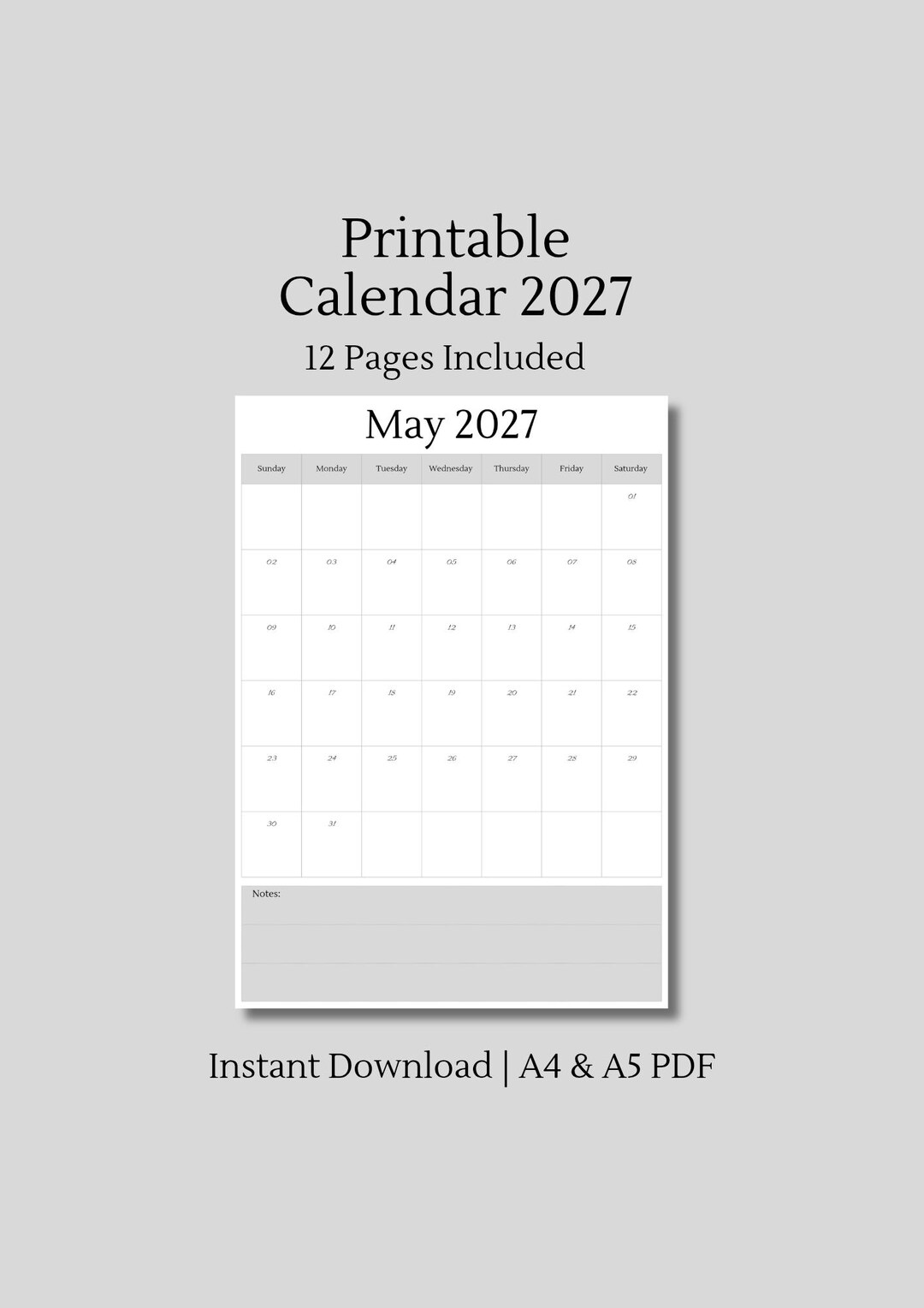 2027 Calendar Printable | Minimalist Monthly Planner | A4 A5 PDF ...