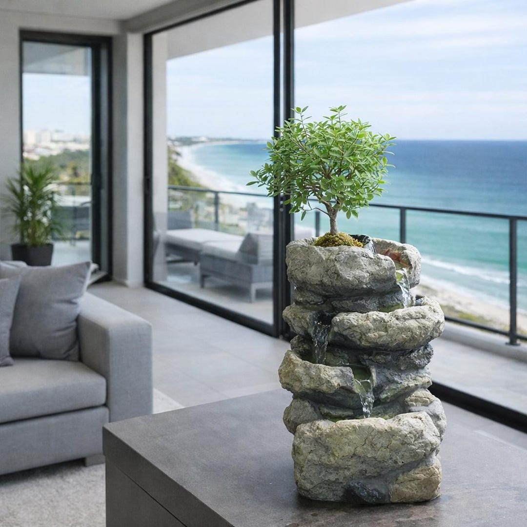 Tabletop Rock Waterfall Fountain With Plant Pot Zen Home Office Decor ...