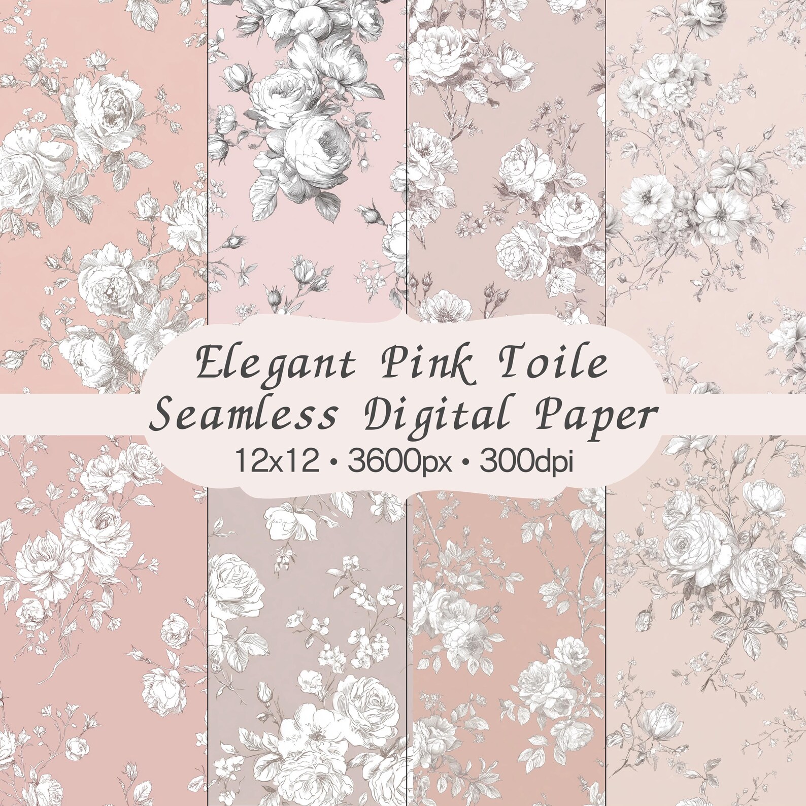 Dusty Pink Toile Digital Paper, Seamless Floral Pattern, Elegant ...