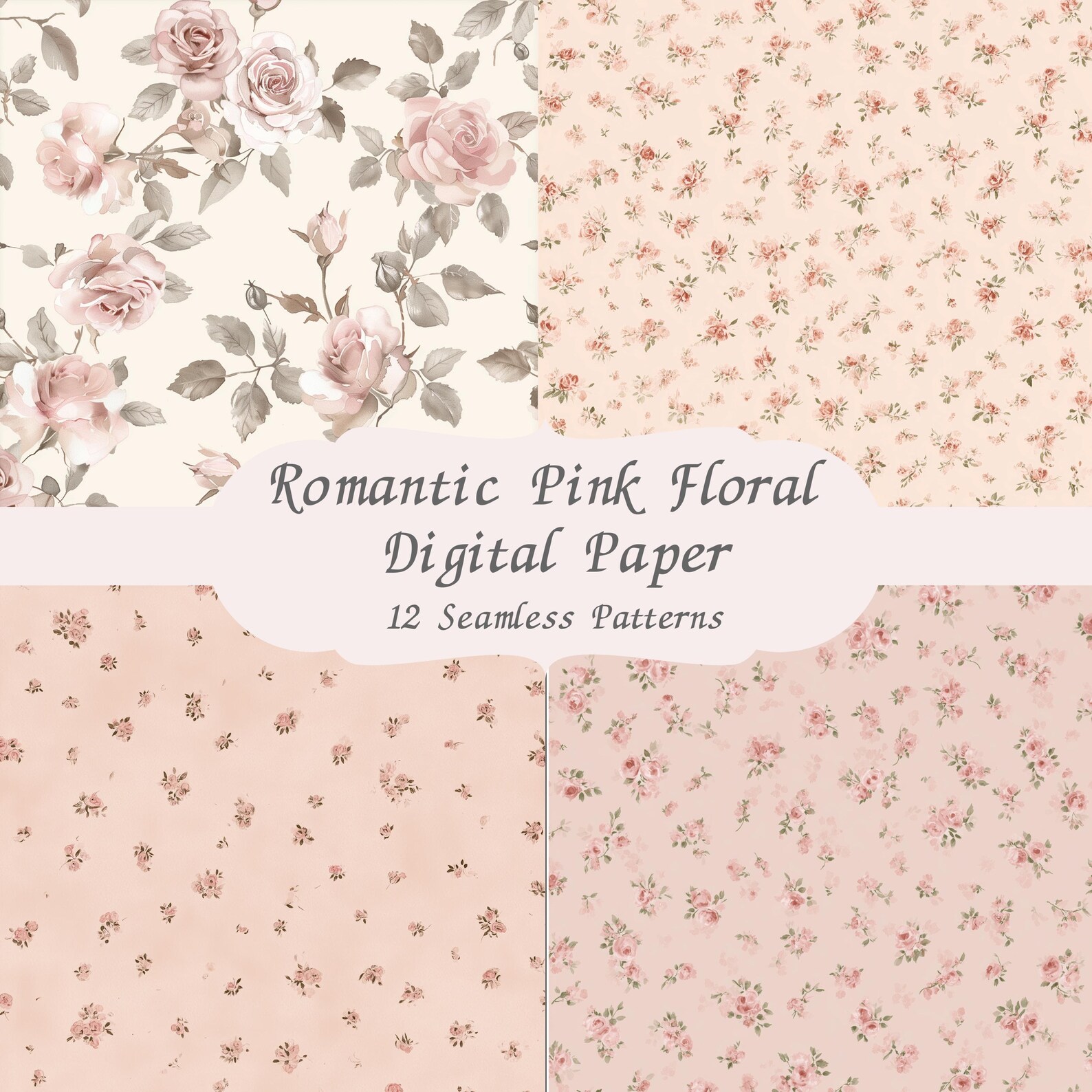 Blush Pink Floral Digital Paper, Vintage Rose Pattern, Shabby Chic ...