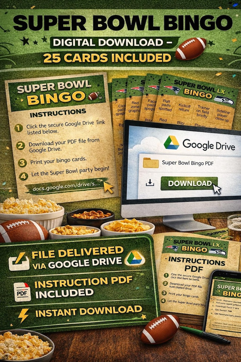 Super Bowl Bingo Cards | 25 Unique Bingo Cards PDF | Super Bowl LX ...