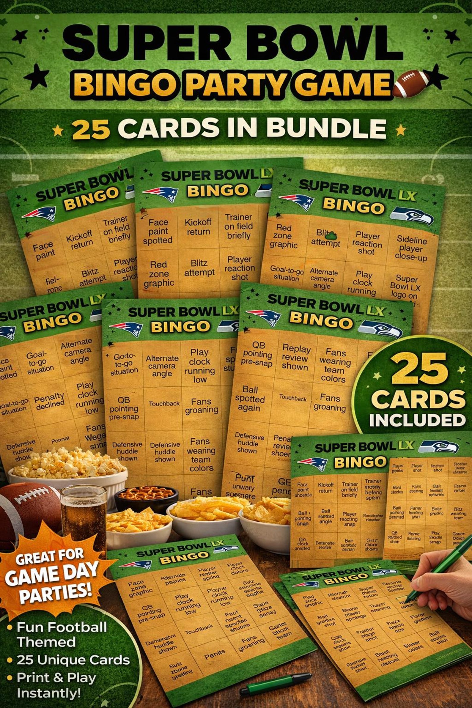 Super Bowl Bingo Cards | 25 Unique Bingo Cards PDF | Super Bowl LX ...