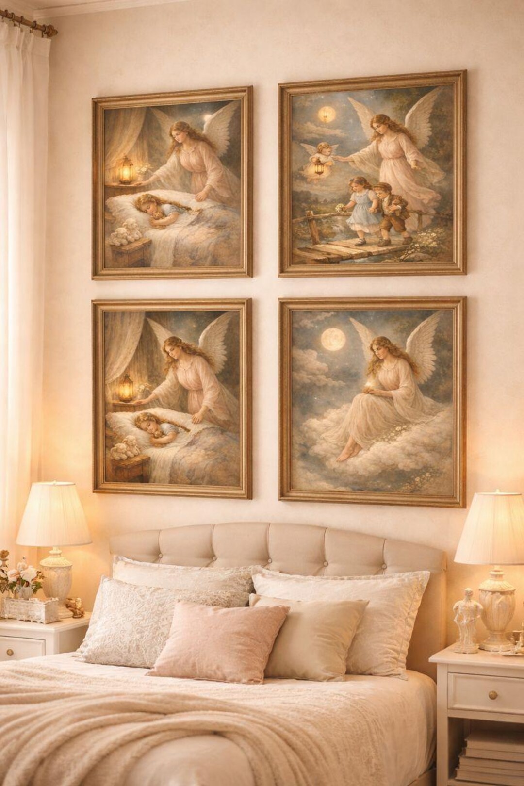 Vintage Guardian Angel Wall Art, Angel Watching Over Sleeping Child ...