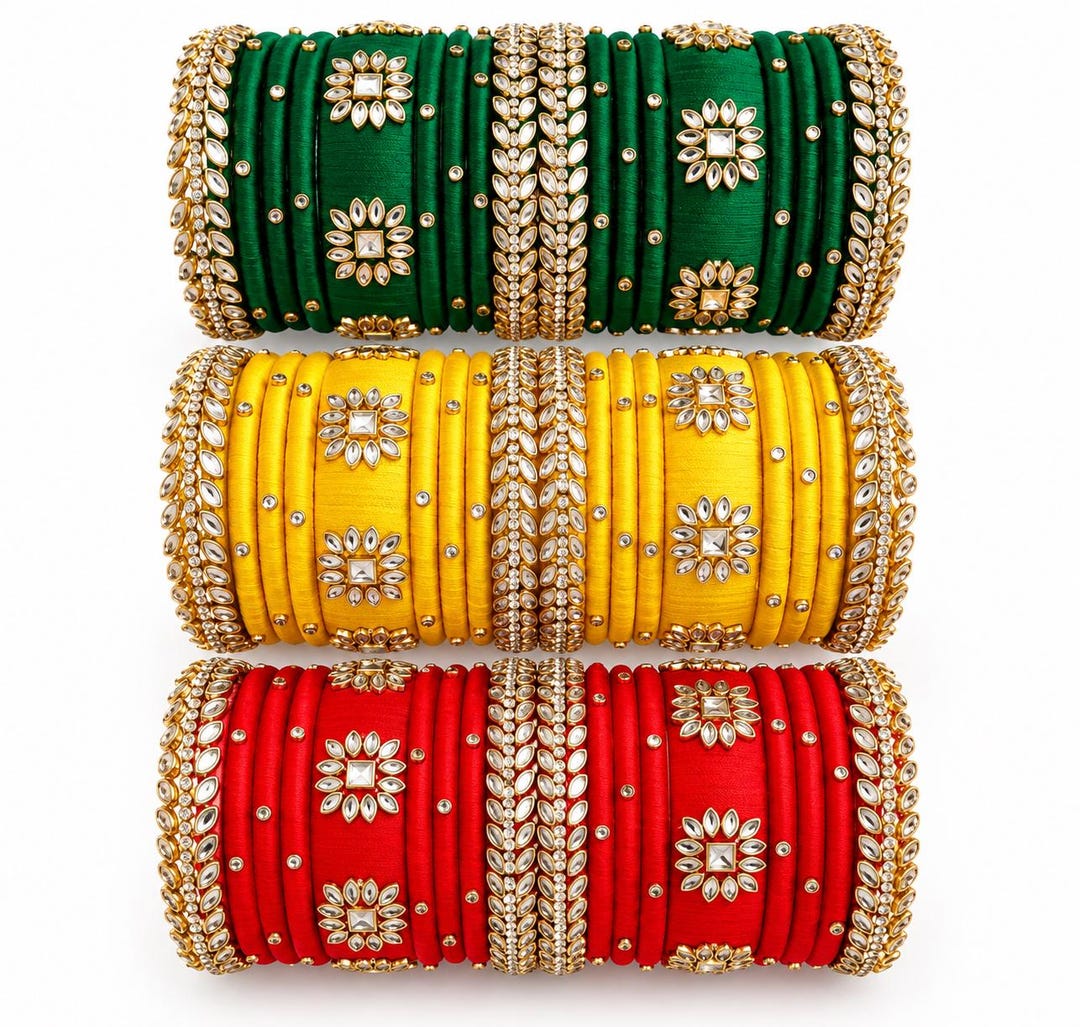 Silk Thread Bangle Set, Indian Bridal Bangles, Kundan Wedding Jewelry ...