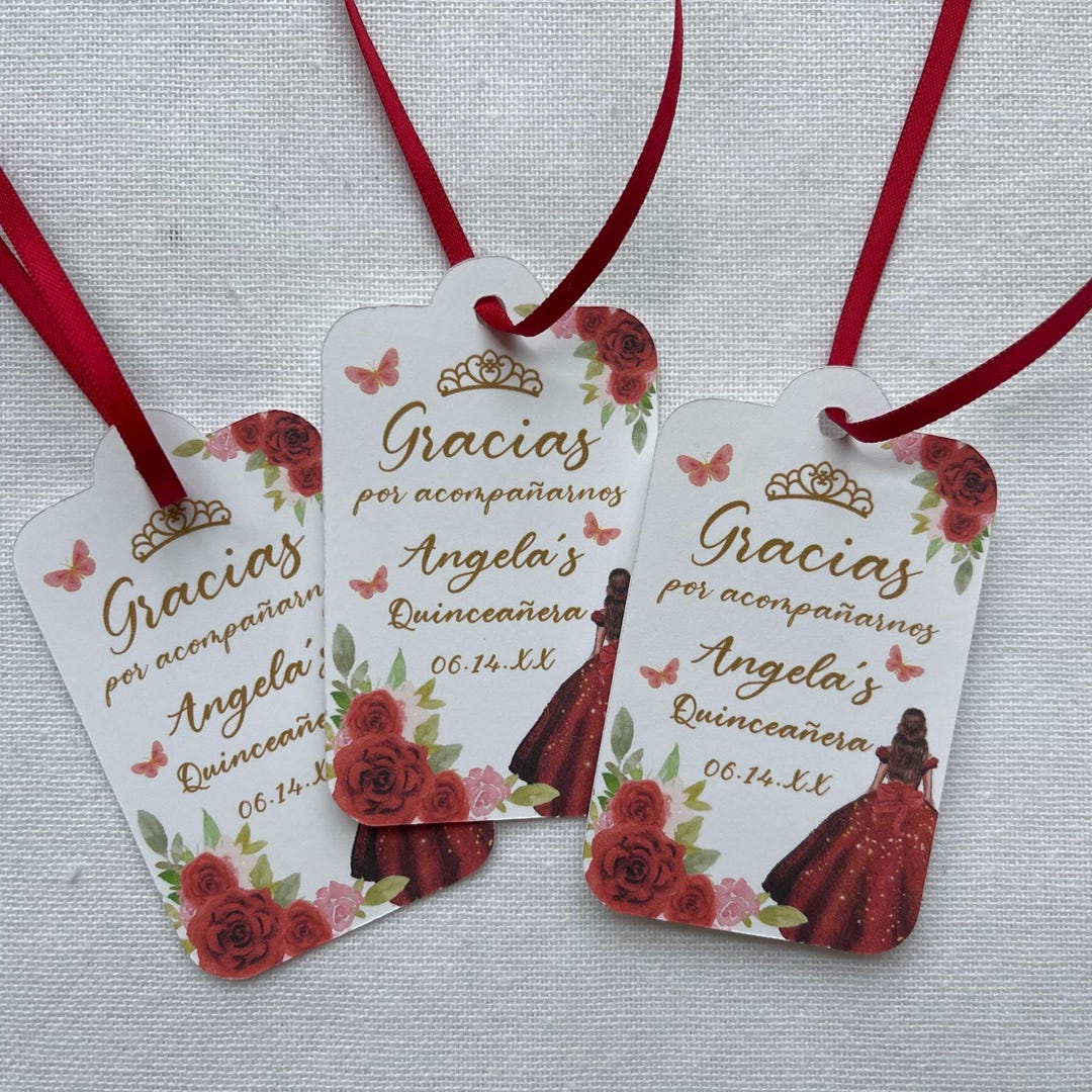 Quinceanera Favor Tags, Red Flowers and Butterflies, Handmade Thank You ...