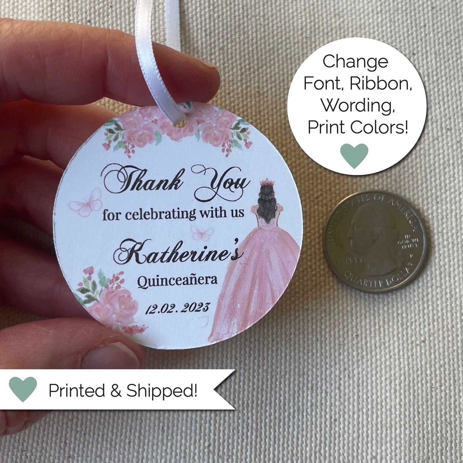 Personalized Quinceanera Favor Tags, Rose Gold Flowers and Butterflies ...
