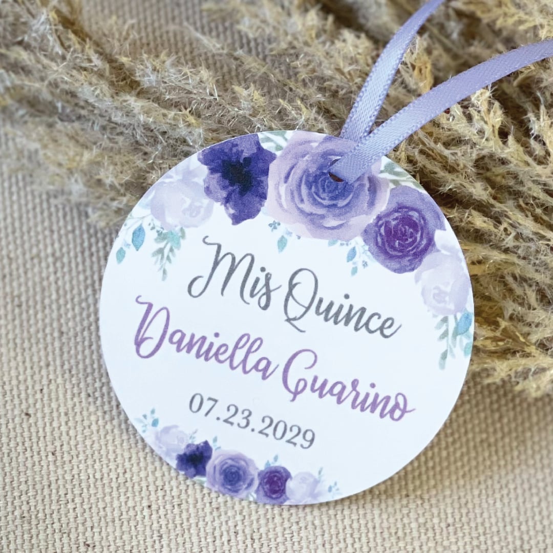 Personalized Quinceanera Favor Tags, Purple and Lavender Flowers, Sweet ...