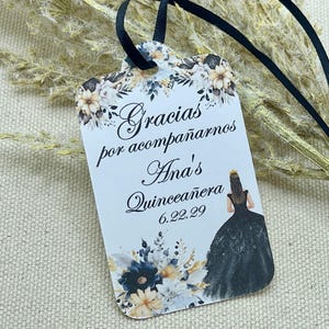 Quinceanera Favor Tags, Black and Gold Flowers, Handmade Thank You Tags ...